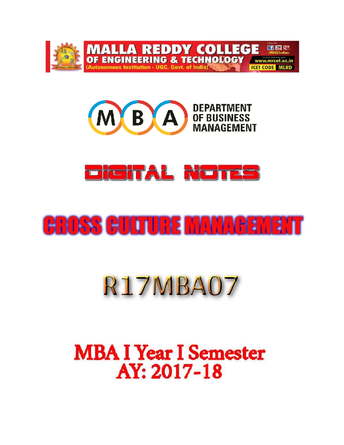 MBA I Year I Sem R17MBA07 Cross Culture Management Notes - Studocu