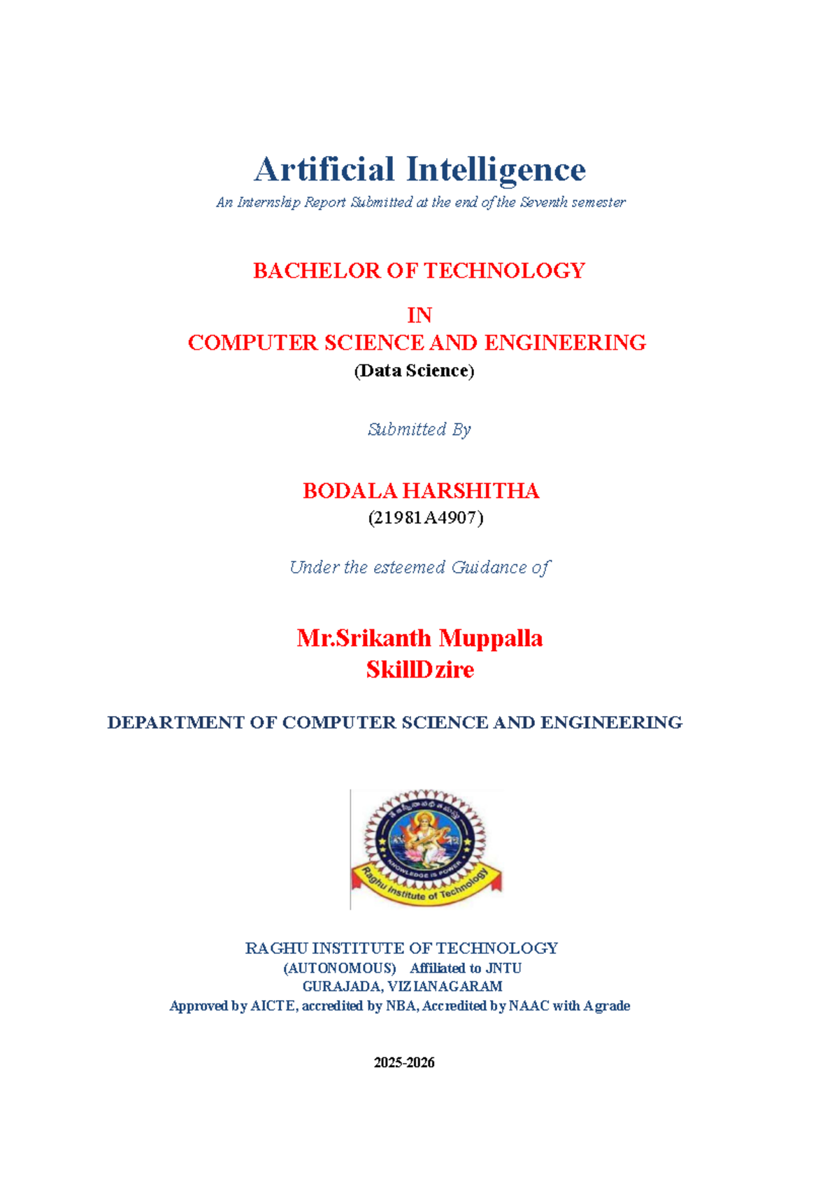 Internship Report on Artificial Intelligence - B.Tech CSE (Data Science ...