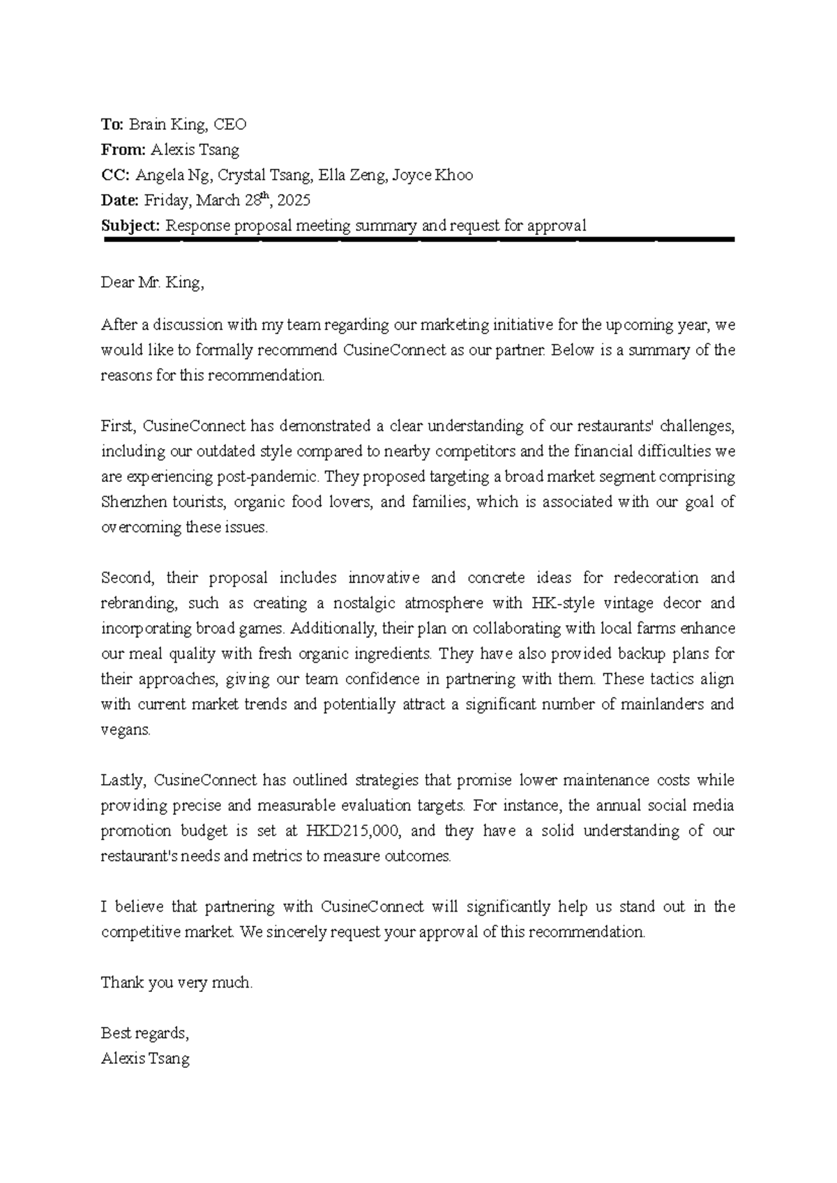 GE2402 Assignment 3 Email - To: Brain King, CEO From: Alexis Tsang CC ...