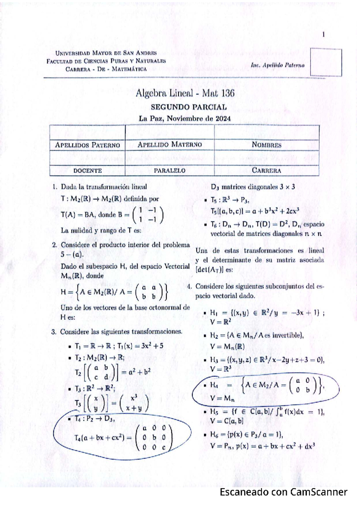 Mat 136 Segundo Parcial: Respuestas de Álgebra Lineal - Studocu