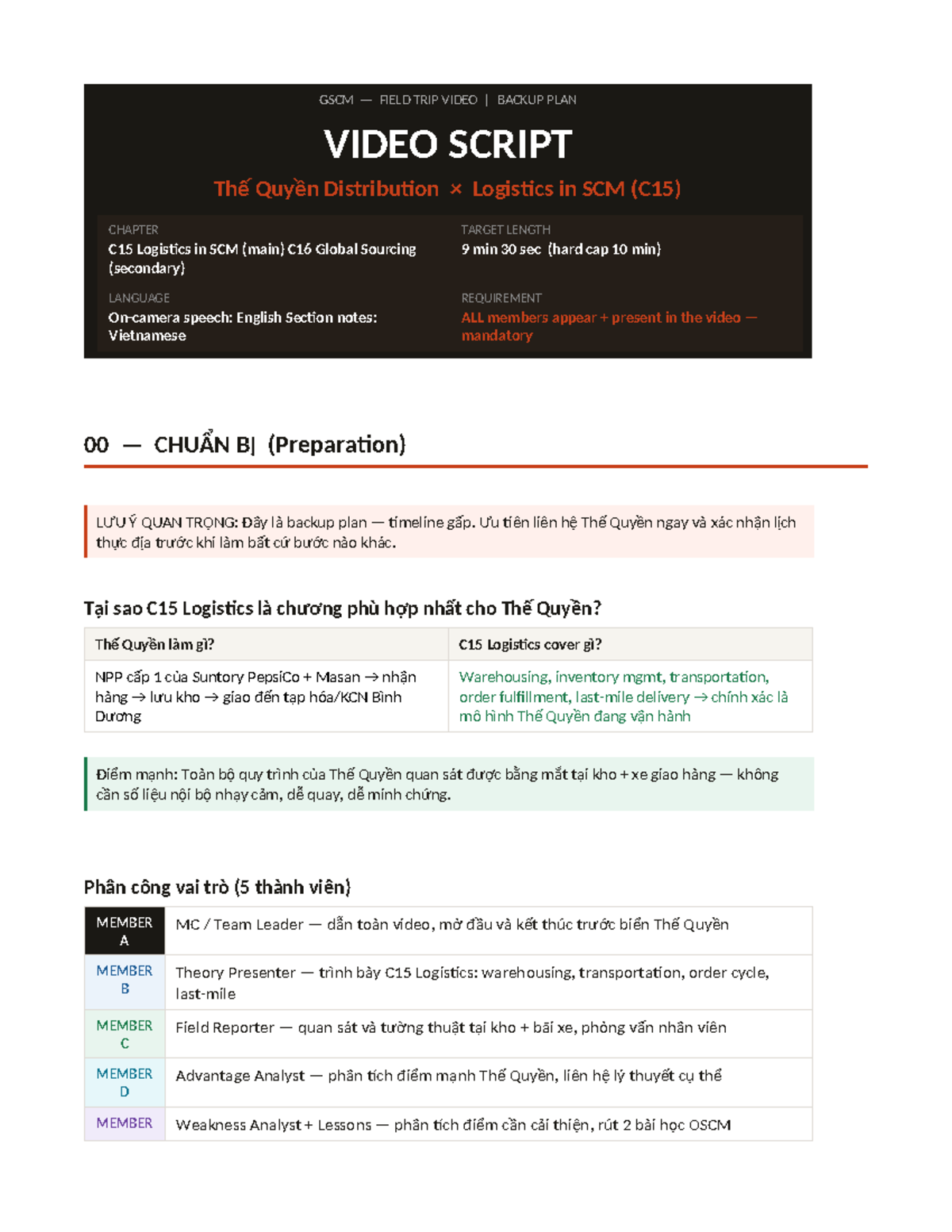 GSCM C15 - Field Trip Video Script: Thế Quyền Logistics Insights - Studocu