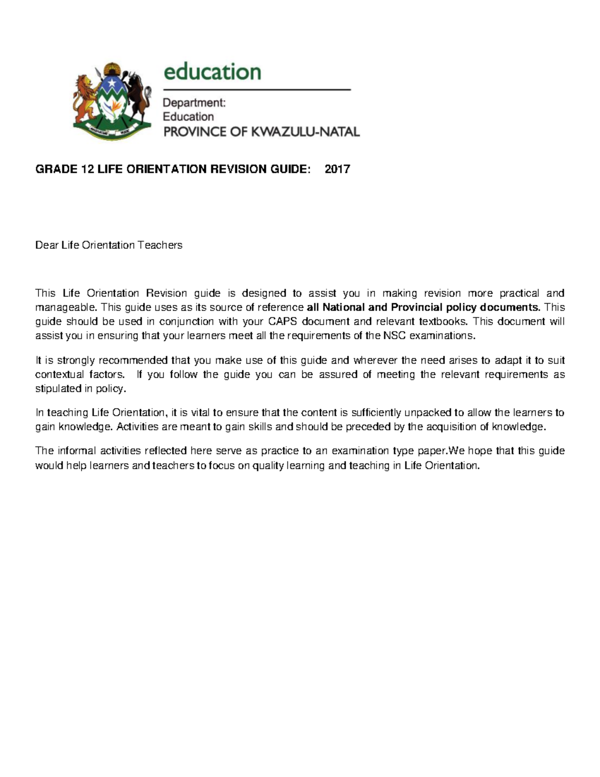 KZN LO Grade 12 Exam Revision Guide: Strategies & Guidelines - Studocu