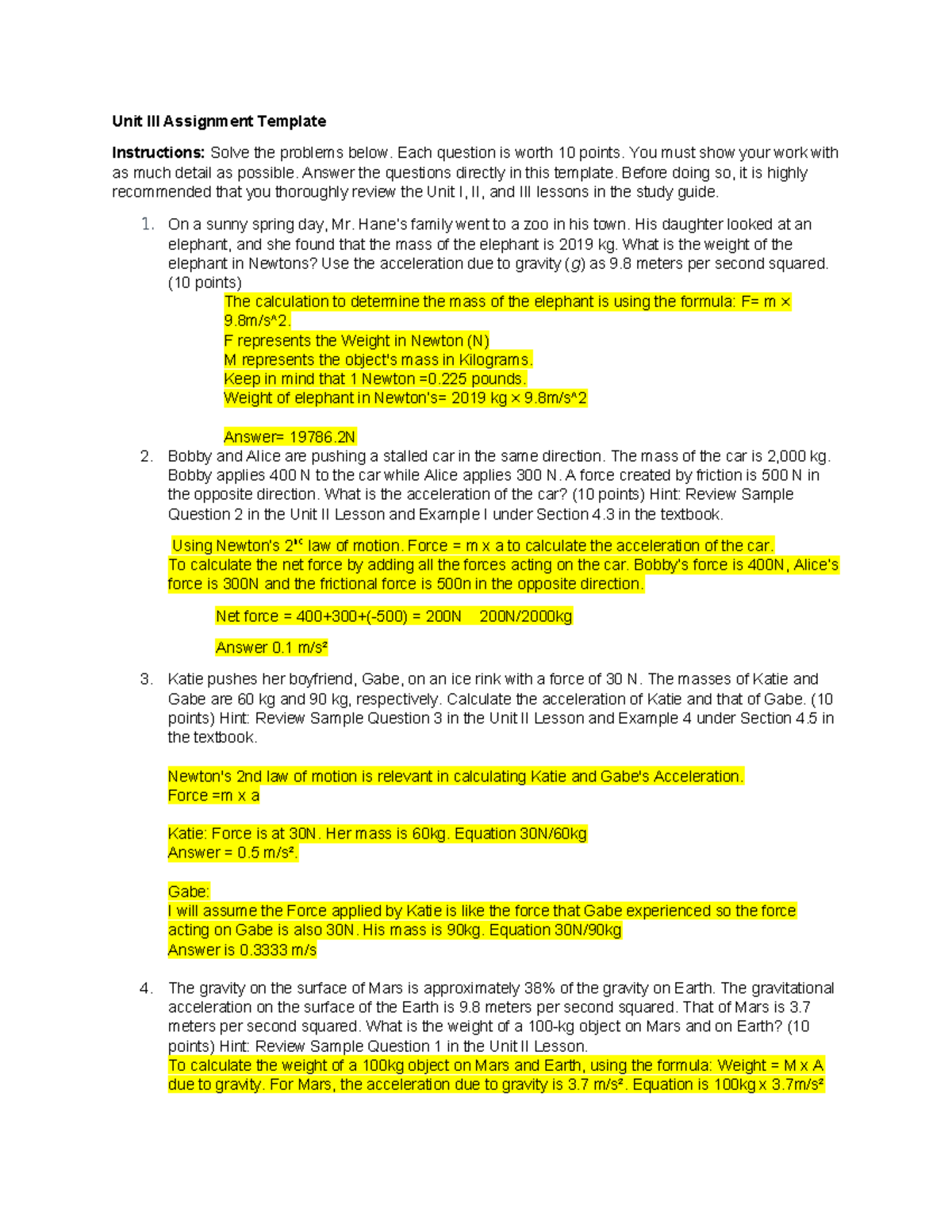 Unit III Homework Assignment: Physics Problem Solving Guide - Studocu