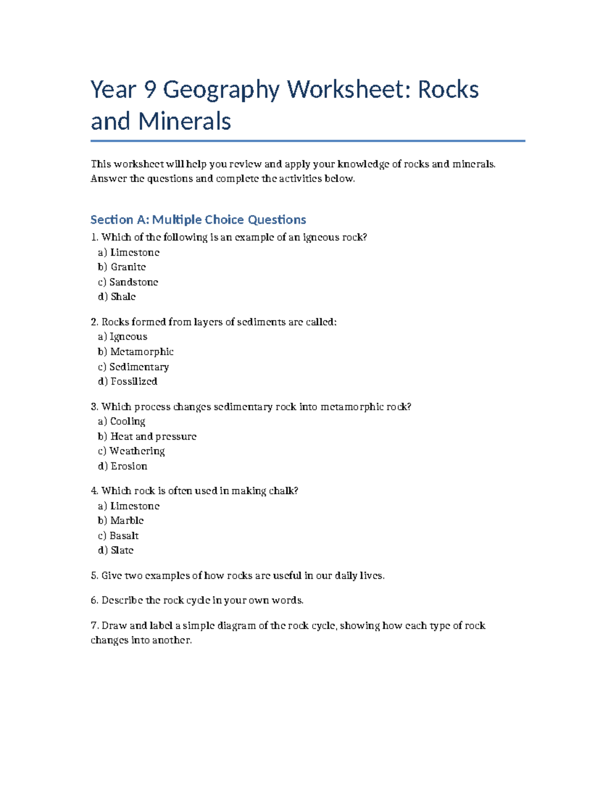 Year 9 Geography Worksheet: Understanding Rocks & Minerals - Studocu