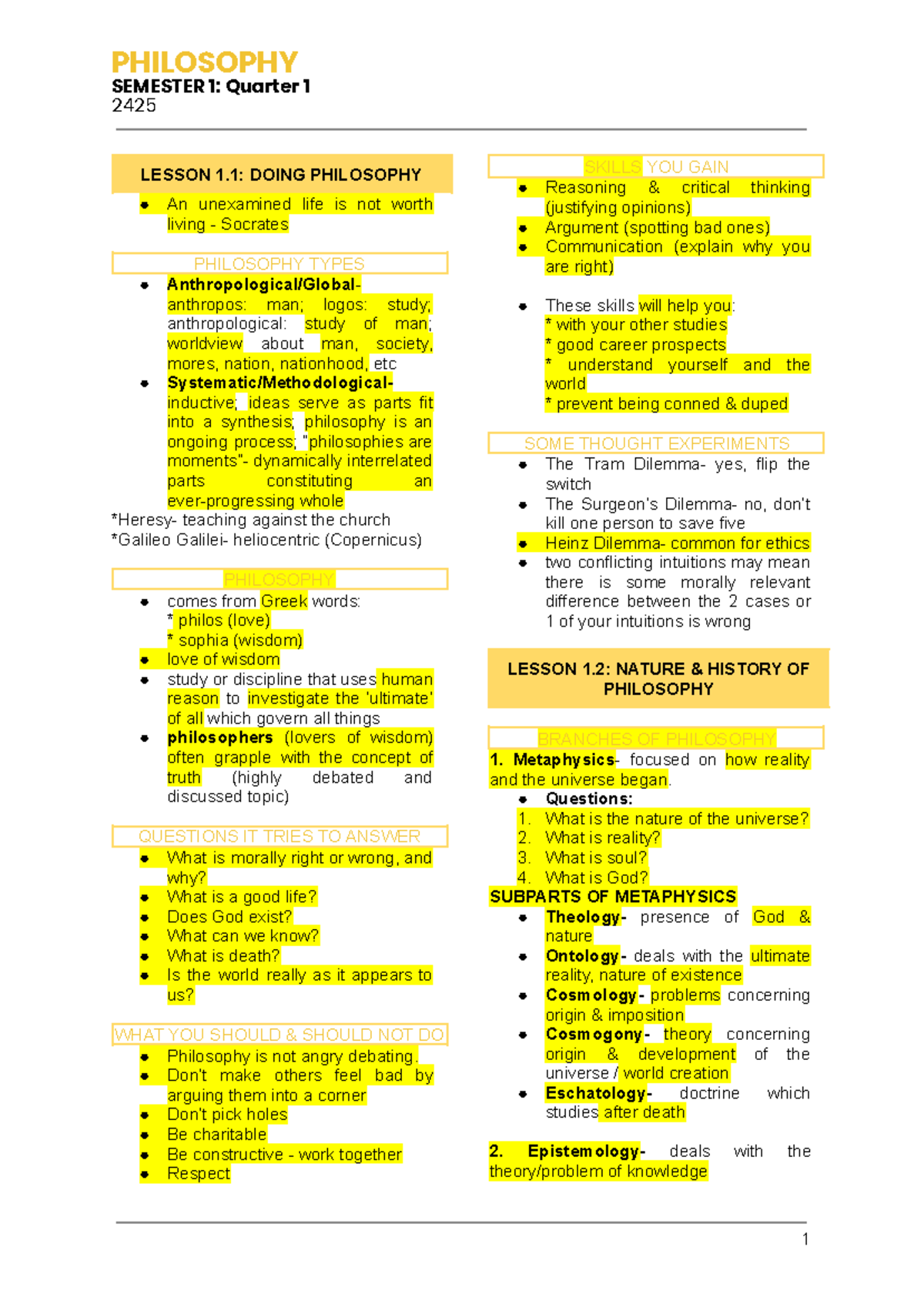 PHILOSOPHY SEMESTER 1: Quarter 2425 LESSON 1 REVIEWER - Studocu