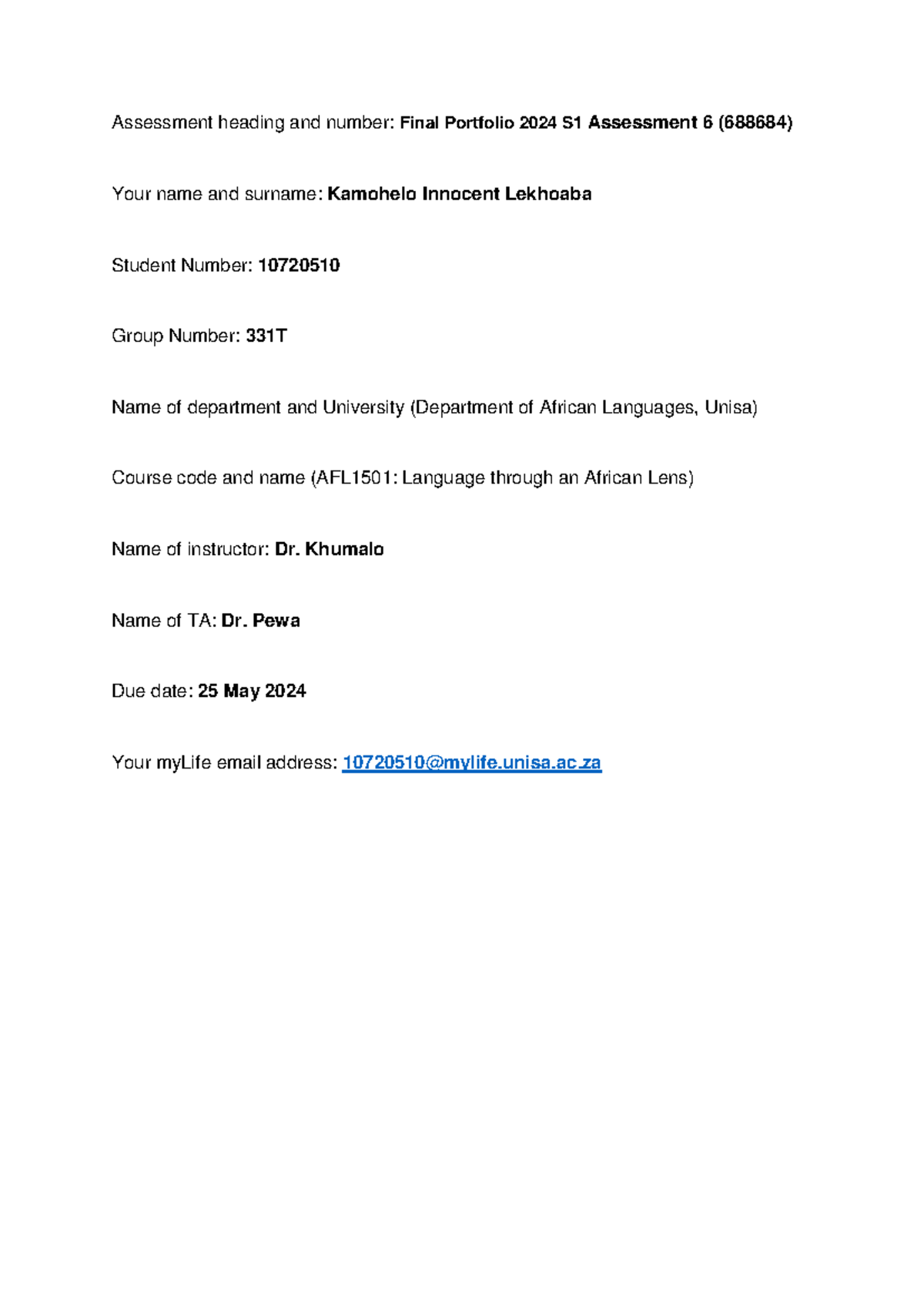 AFL1501 portfolio 2024 Assessment 6 10720510 Kamohelo Innocent Lekhoaba ...