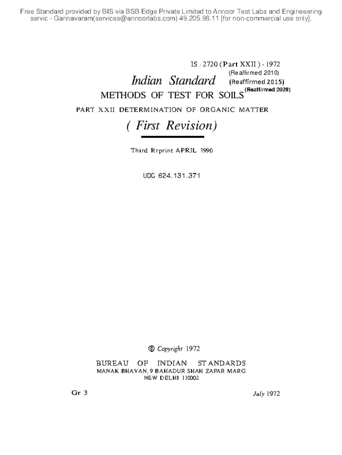 IS: 2720 (Part XXII) 1972 - Soil Test Procedure for Organic Matter ...
