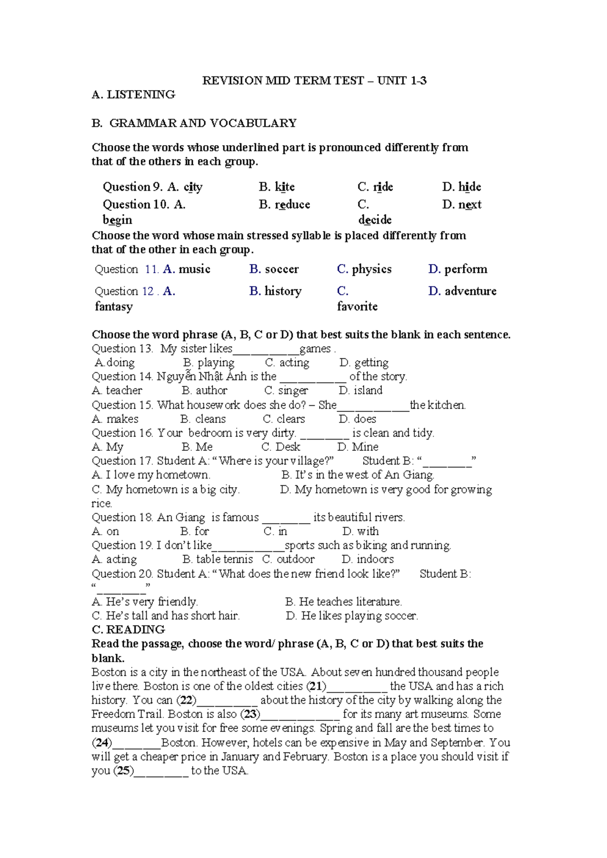 Revision MID TERM TEST – UNIT 1: LISTENING, READING, WRITING - Studocu