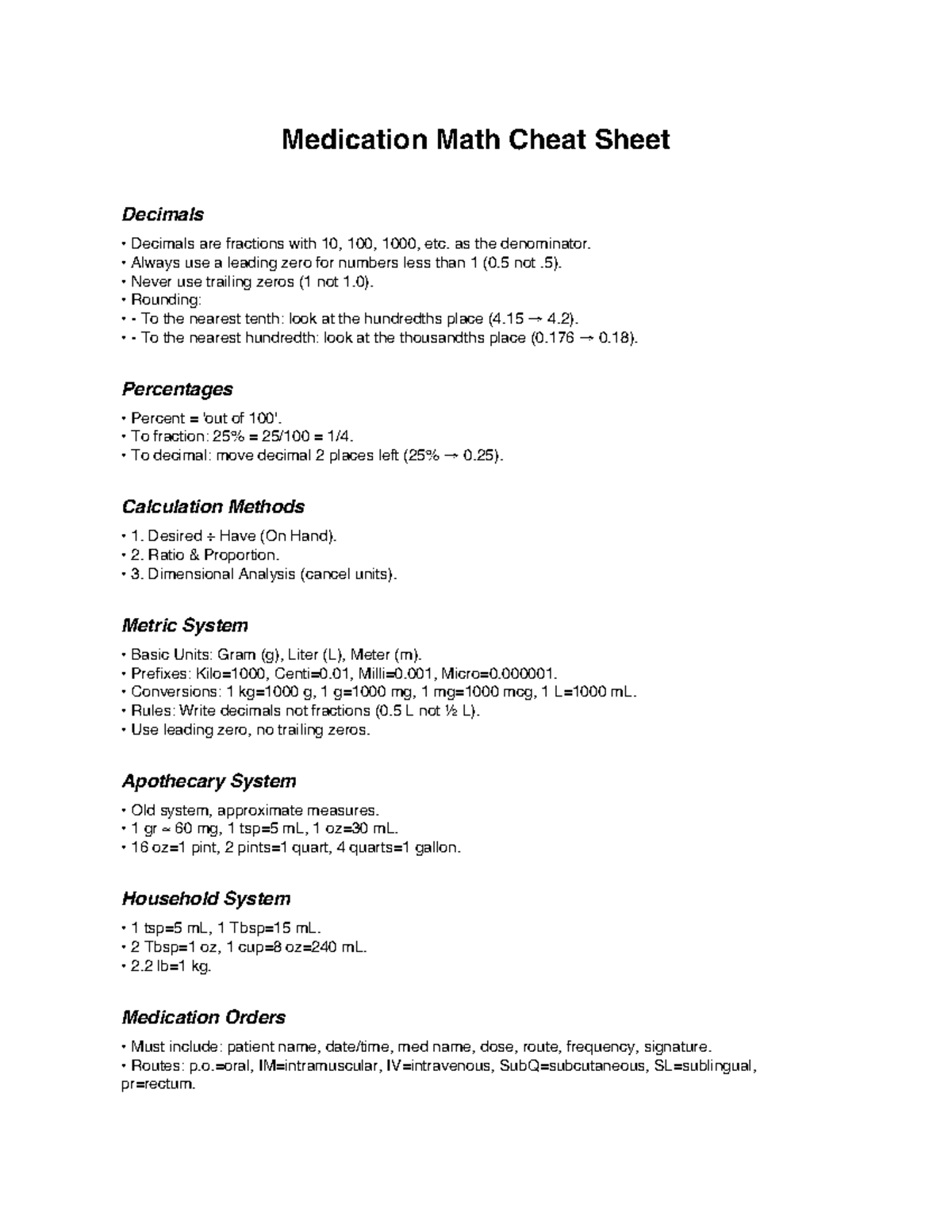 Medication Math Cheat Sheet: Key Concepts & Rules - Studocu