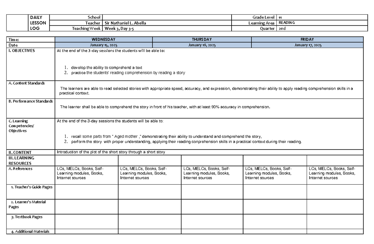 Remedial sir abella 1 - DLL - DAILY LESSON LOG School Grade Level 11 ...
