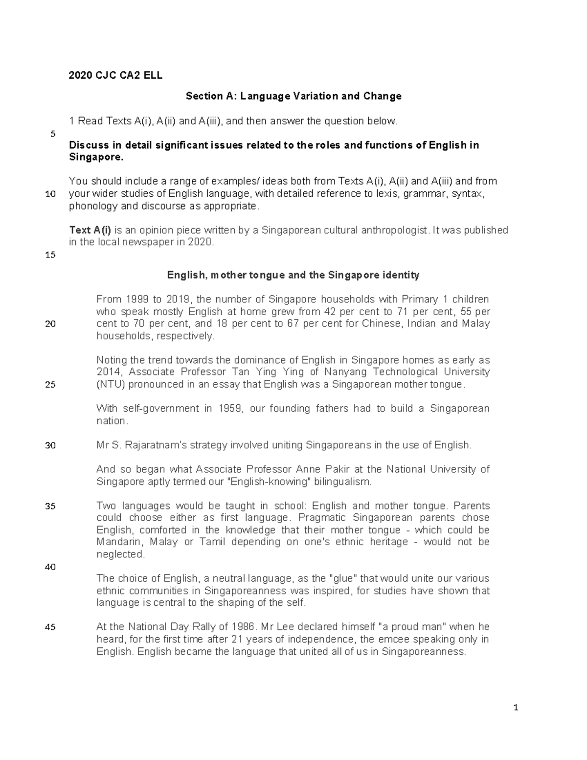 2020 CJC CA2 ELL Section A: English's Role in Singapore Identity - Studocu