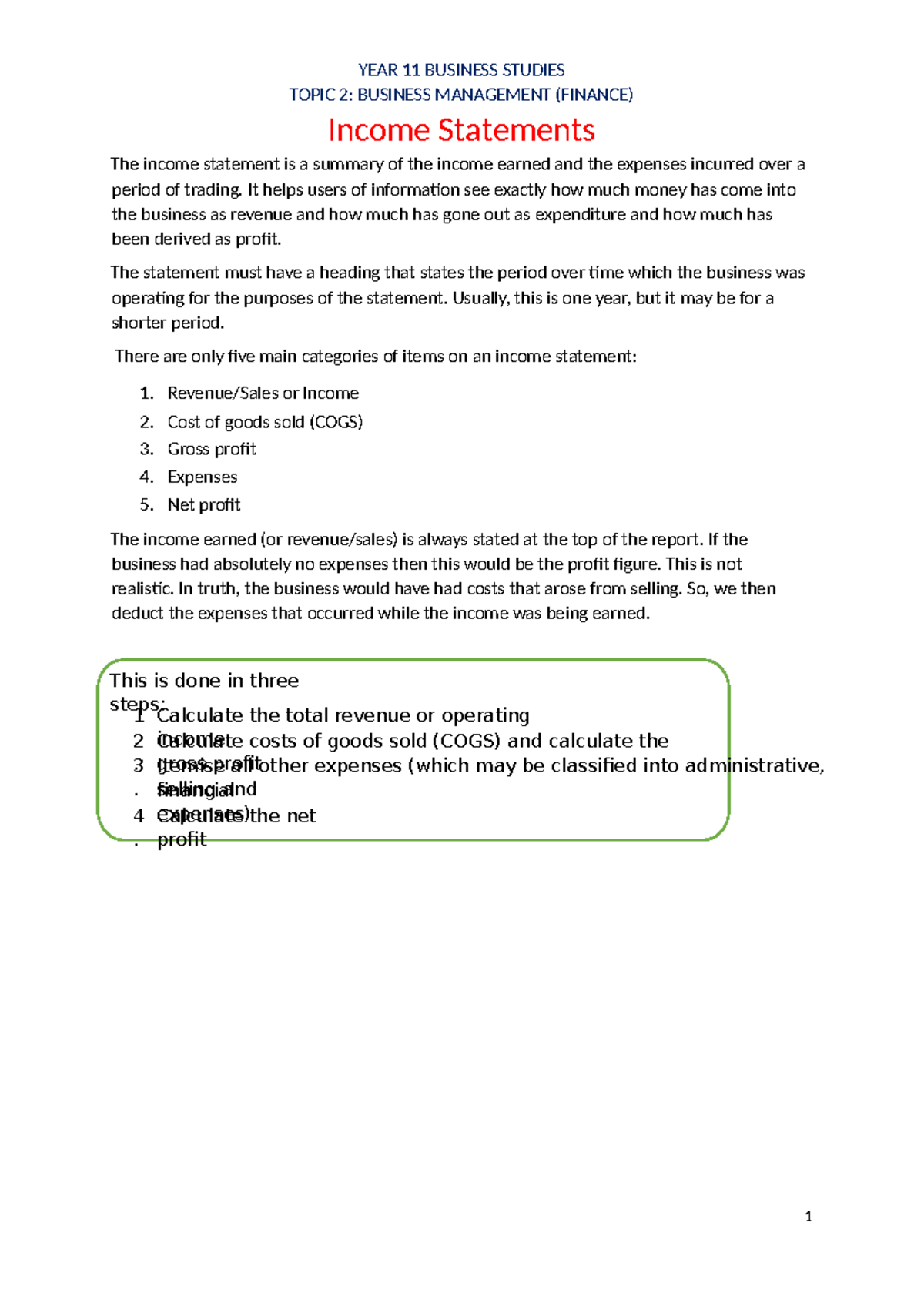 YEAR 11 BUSINESS STUDIES: INCOME STATEMENTS (FINANCE) GUIDE - Studocu