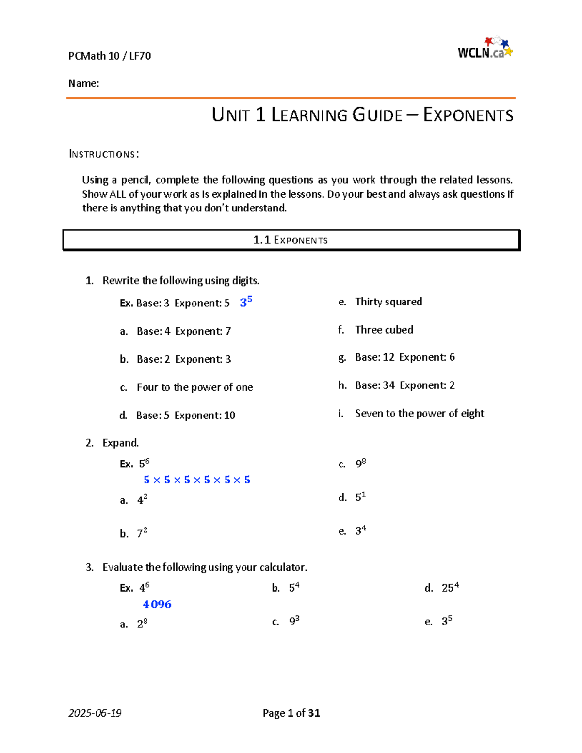 PMA10 U1 Learning Guide: Exponents and Square Roots - Studocu