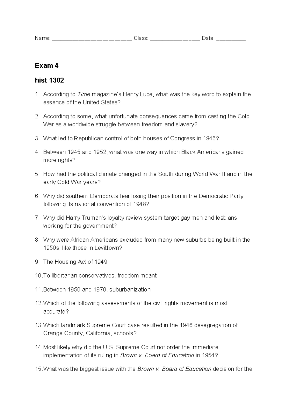 Hist 1302 Exam 4 Study Guide: Key Topics and Questions - Studocu