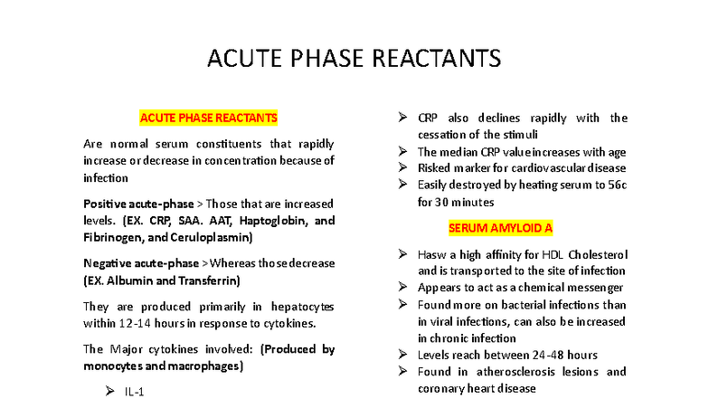 ACUTE PHASE REACTANTS - Key Notes on Inflammation Markers - Studocu