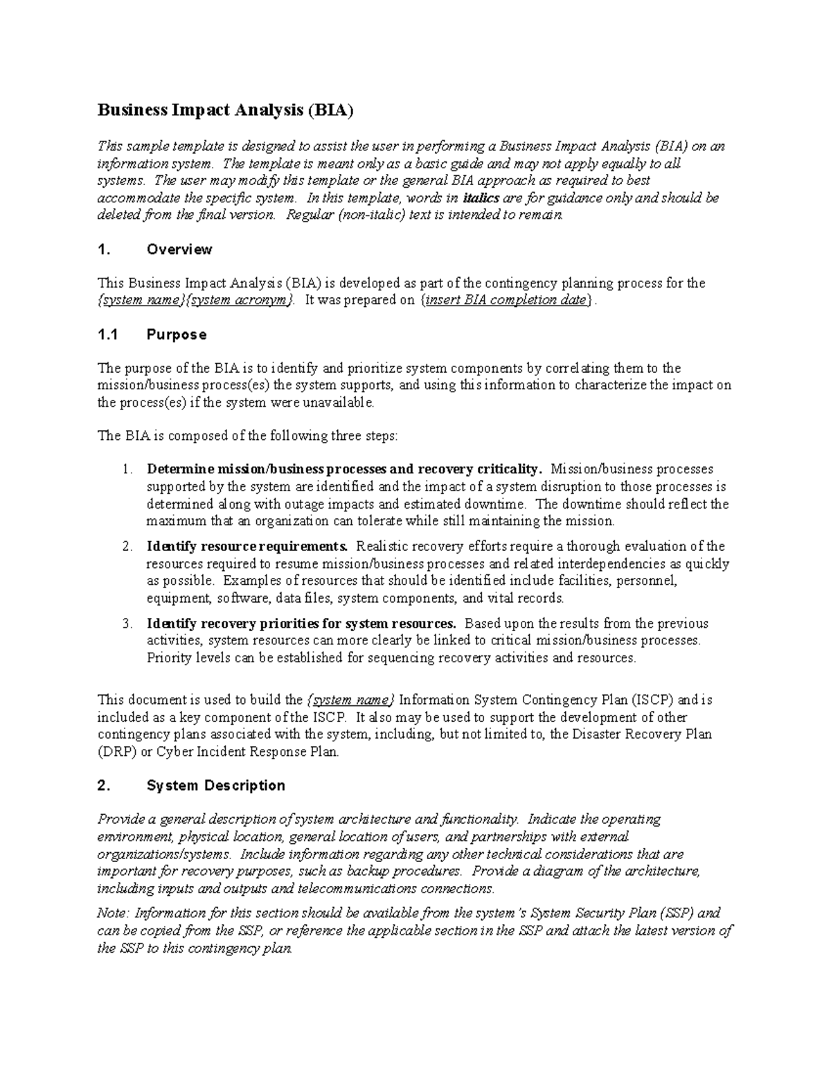 Business Impact Analysis (BIA) Template Guidelines for ISCP - Studocu