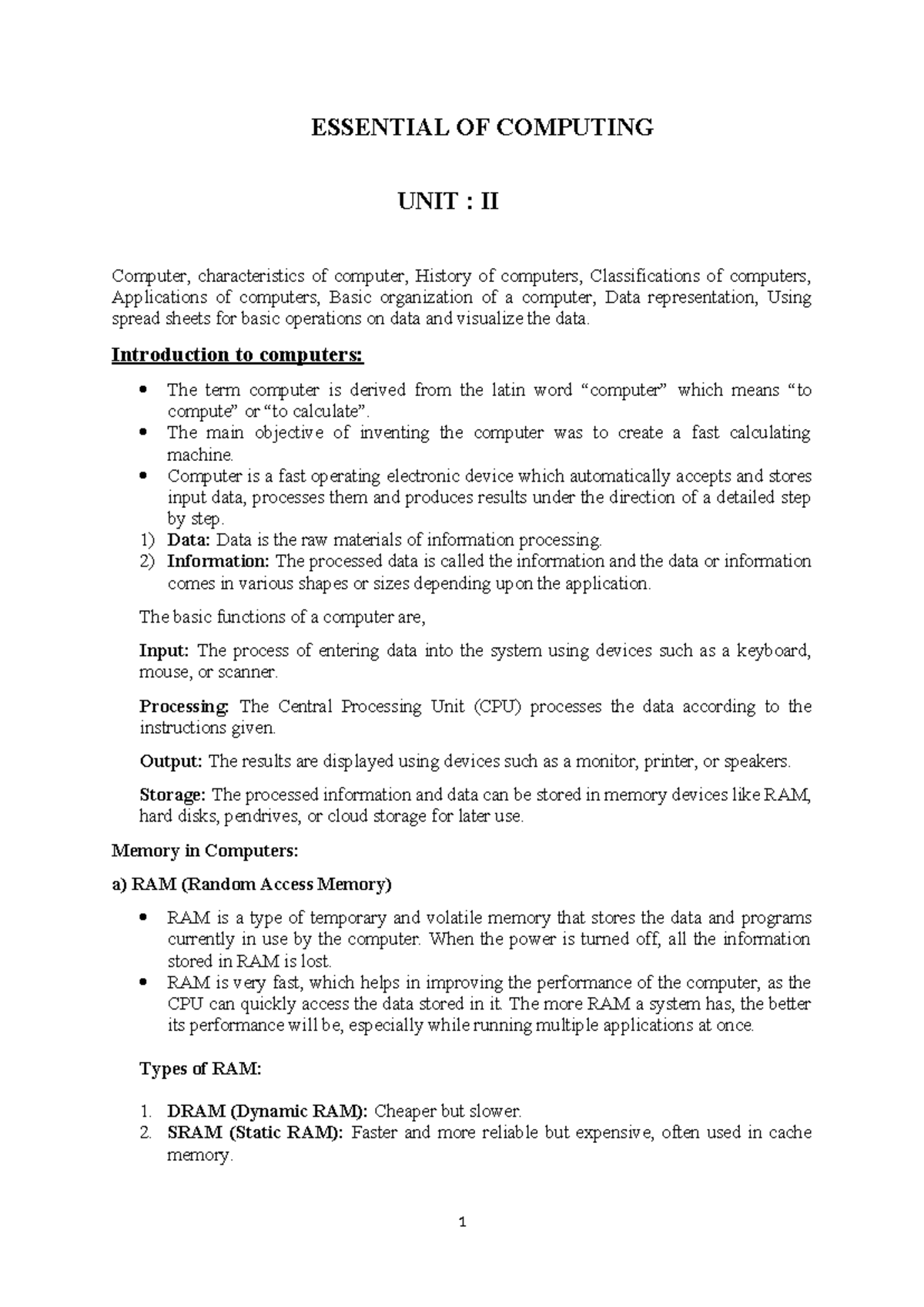 ESSENTIAL OF COMPUTING UNIT II: Computer Characteristics & Applications - Studocu