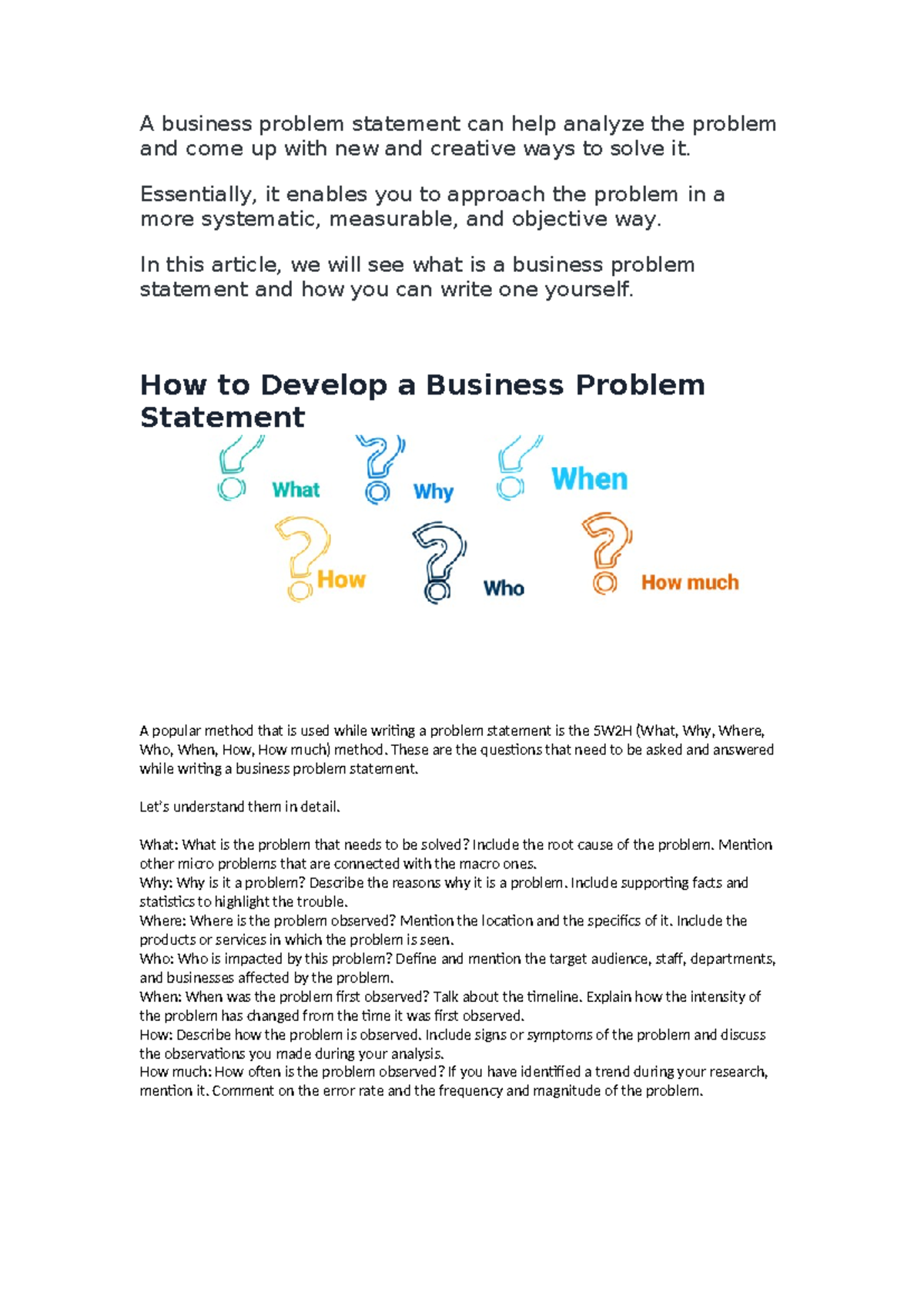 Developing a Business Problem Statement: A 5W2H Approach - Studocu