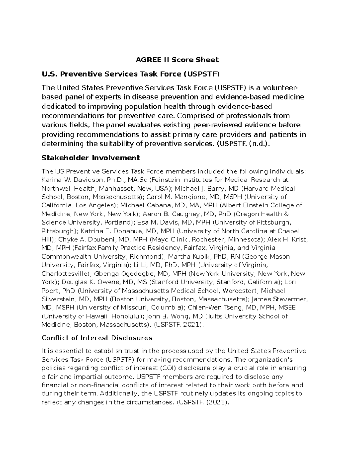 AGREE II Score Sheet for USPSTF Guidelines on Diabetes Screening - Studocu