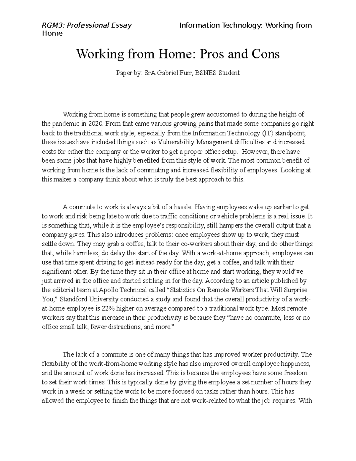 RGM3: Professional Essay on Working from Home - Pros and Cons - Studocu