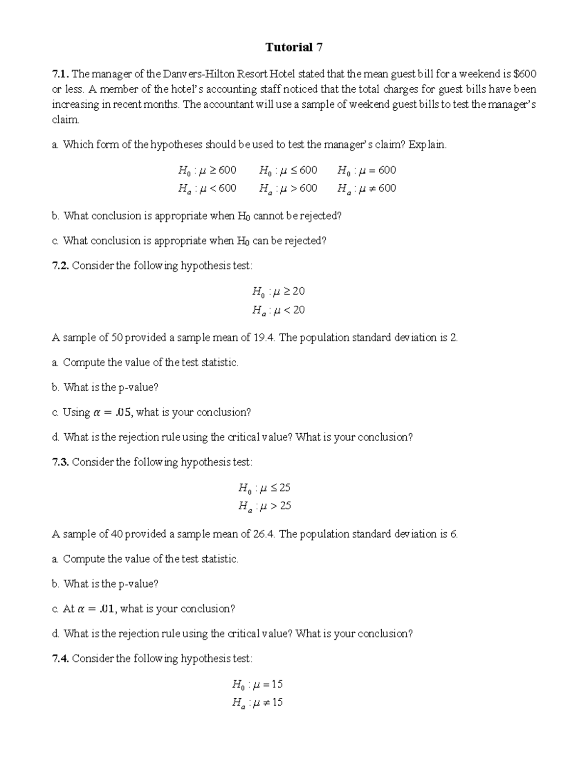 2024-Tutorial 07 - Hypothesis Testing and Conclusions (TUT7) - Studocu