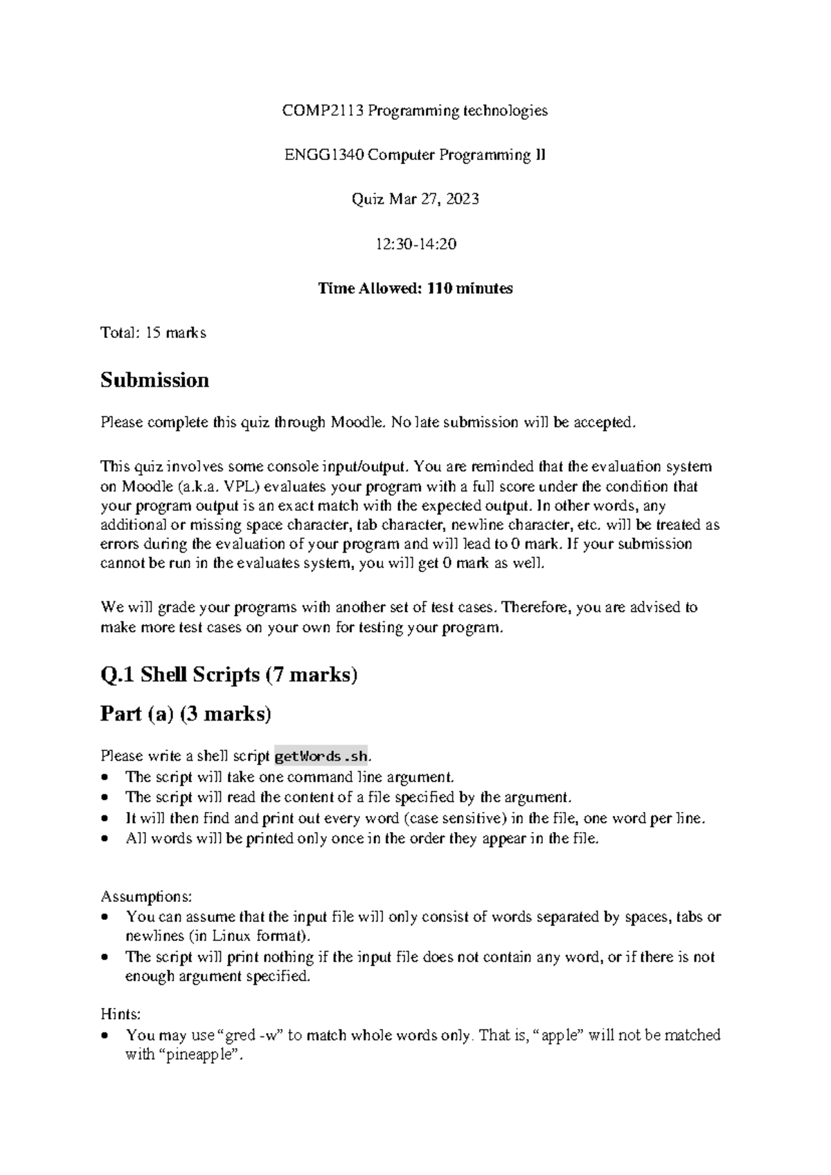 COMP2113 Quiz on Programming Technologies - March 27, 2023 - Studocu