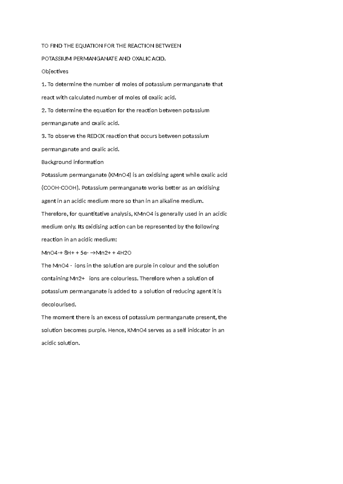 KMN 101: Redox Reaction Between Potassium Permanganate and Oxalic Acid ...