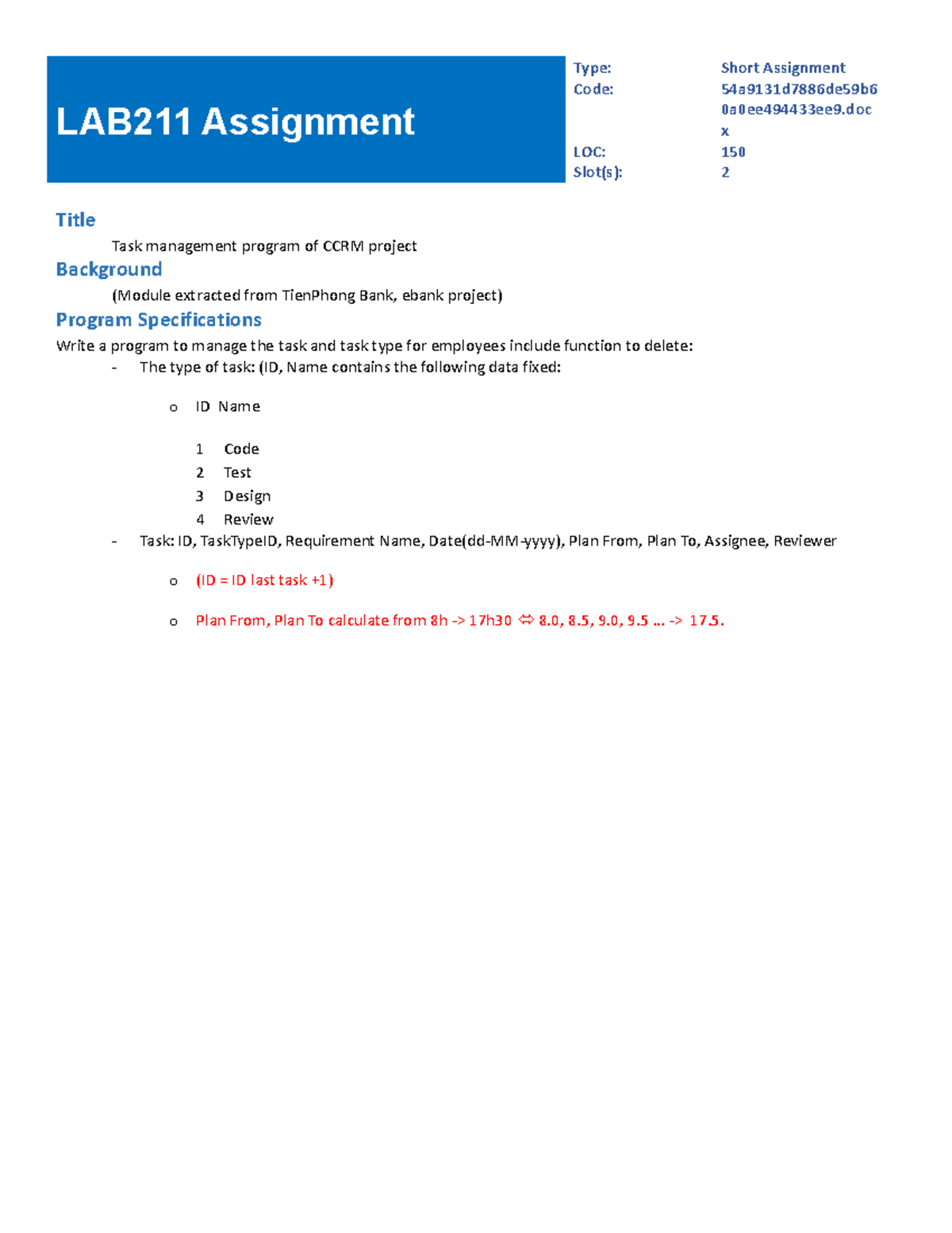 LAB211 Short Assignment: Task Management Program for CCRM Project - Studocu