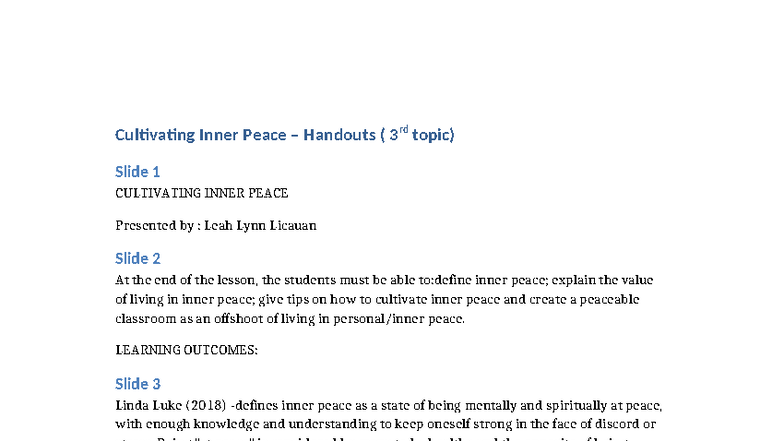 Cultivating Inner Peace: Lesson Handout (3rd Topic) - Studocu