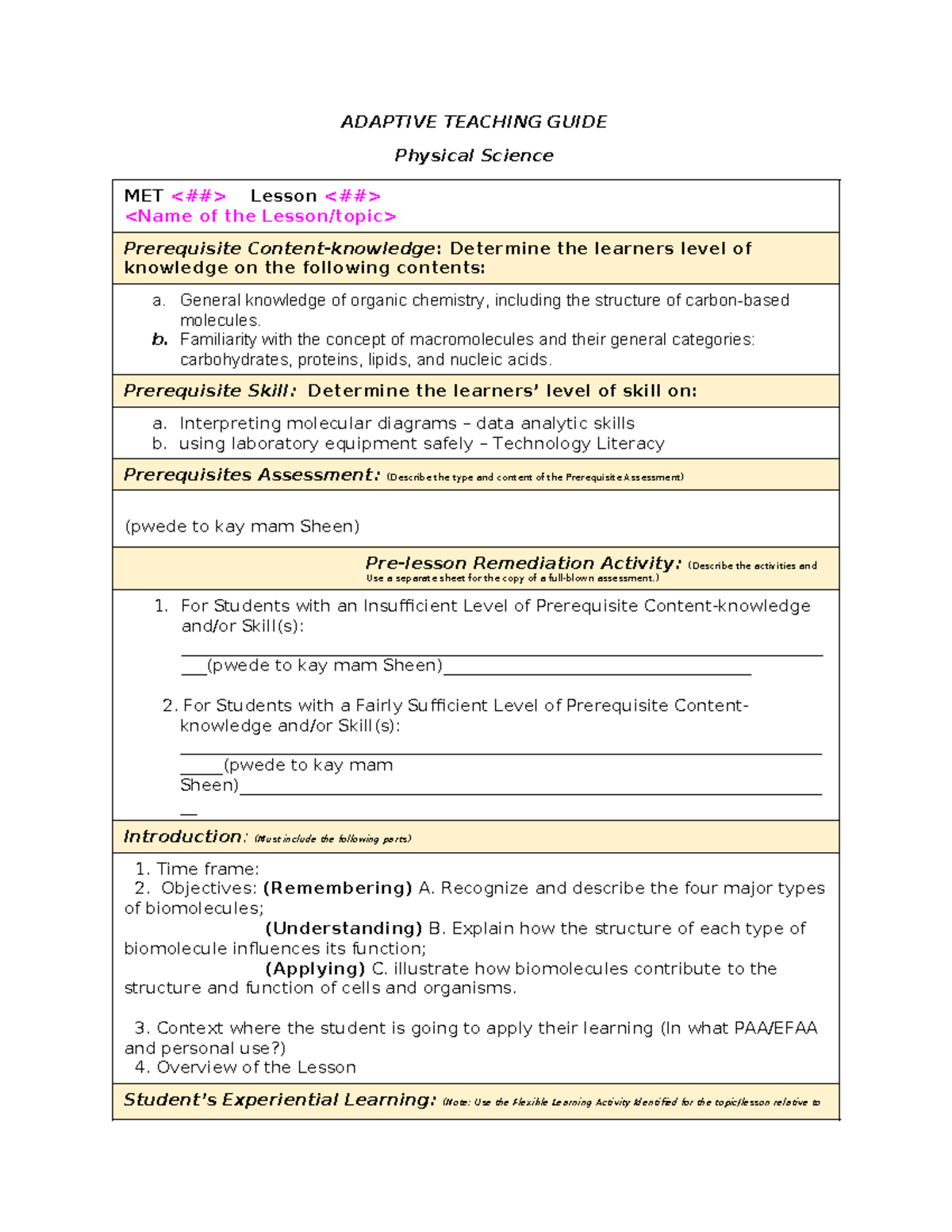 ATG MET Lesson Guide: Understanding Biomolecules in Physical Science ...