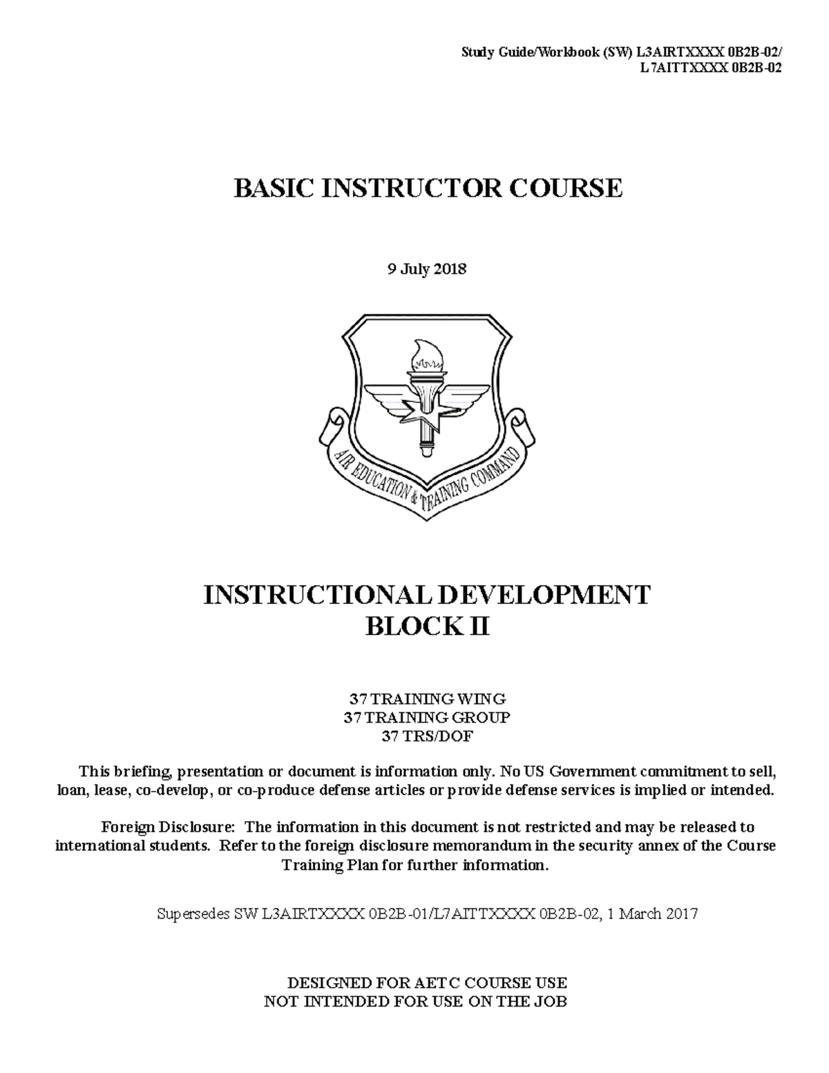 Plan of Instruction/Lesson Plan Part I for Basic Instructor Course (SW ...