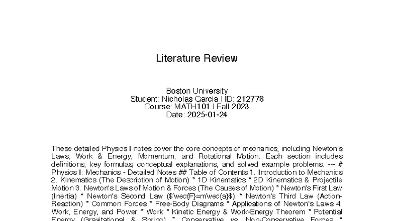MATH101 Fall 2023: Detailed Physics I Mechanics Notes - Studocu