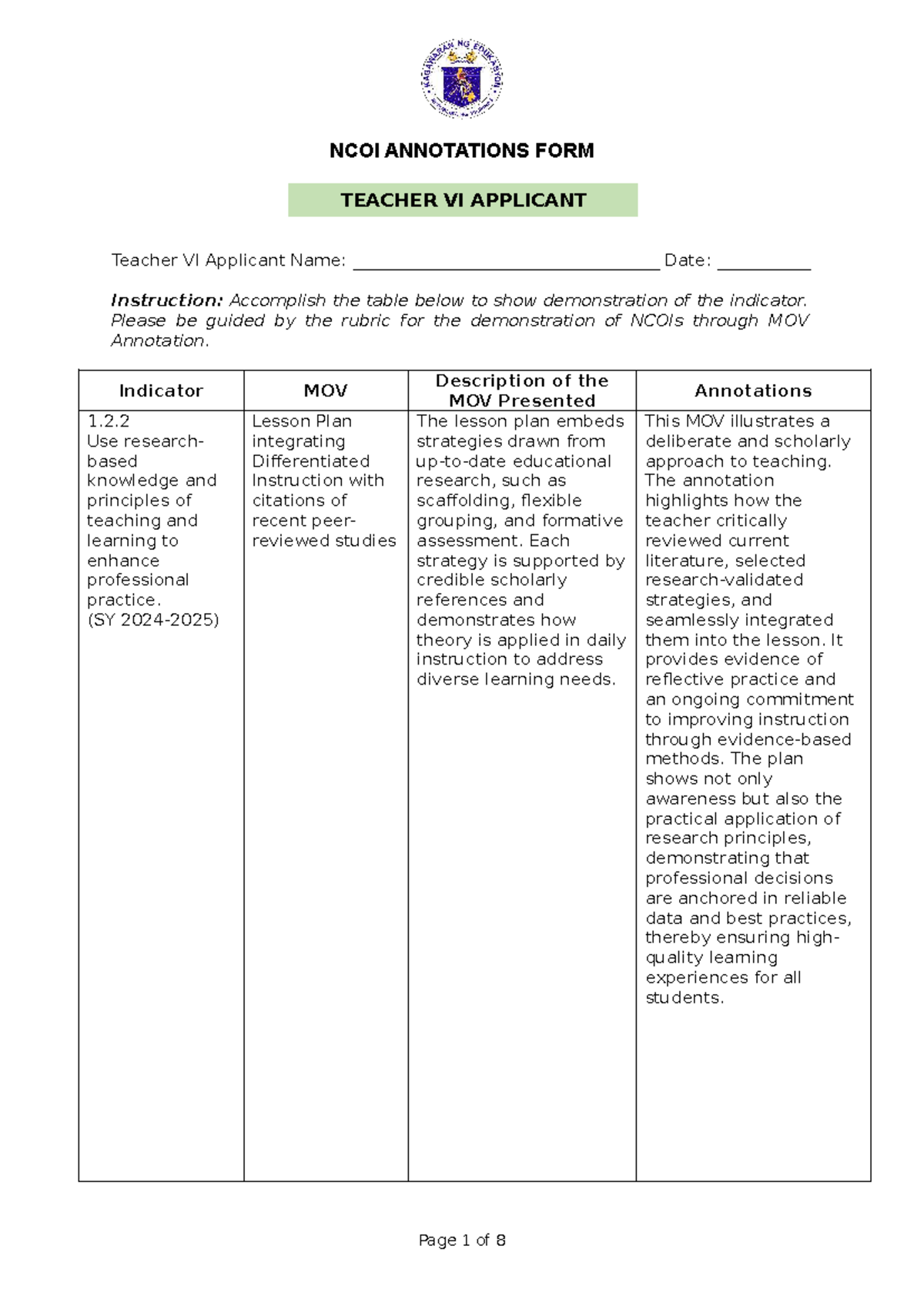 NCOI Annotations Form for Teacher VI Applicant: Evidence of ...