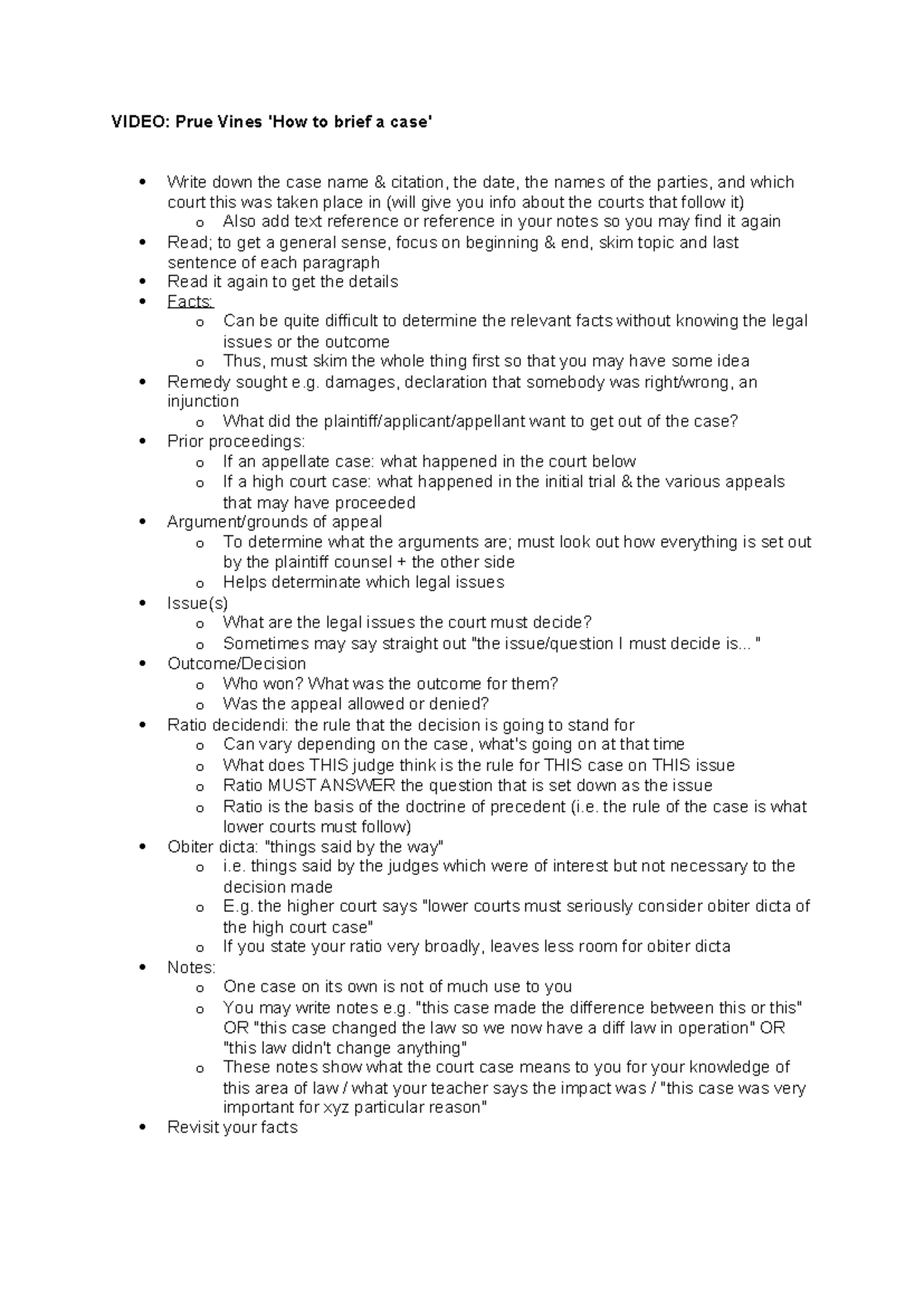 How to Brief a Case Vines Video Notes - VIDEO: Prue Vines 'How to brief ...