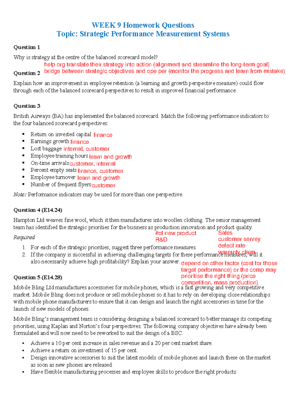 WEEK 9 Homework: Strategic Performance Measurement Systems - Studocu