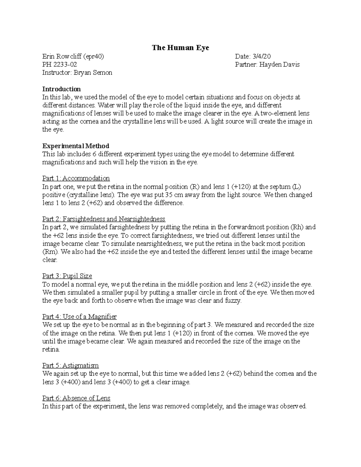 PH 2233-02 Lab Report: The Human Eye Experiment Analysis - Studocu
