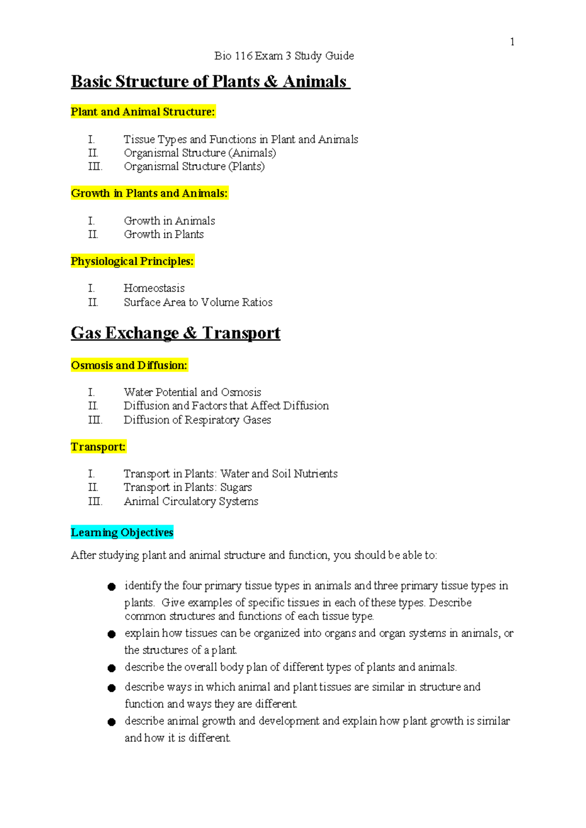 Bio 116 Exam 3 Study Guide: Plant & Animal Structure, Osmoregulation ...