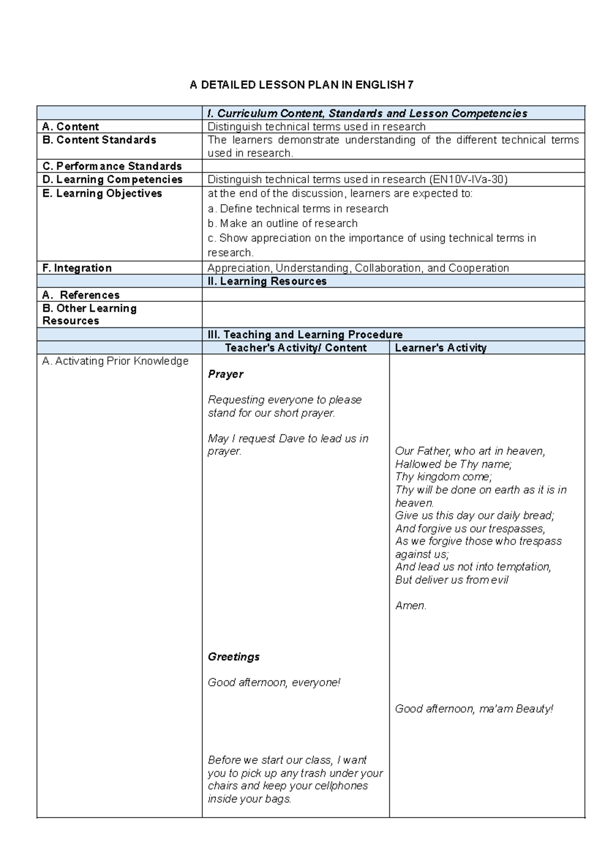 Detailed Lesson Plan for English 7: Standards & Competencies - Studocu