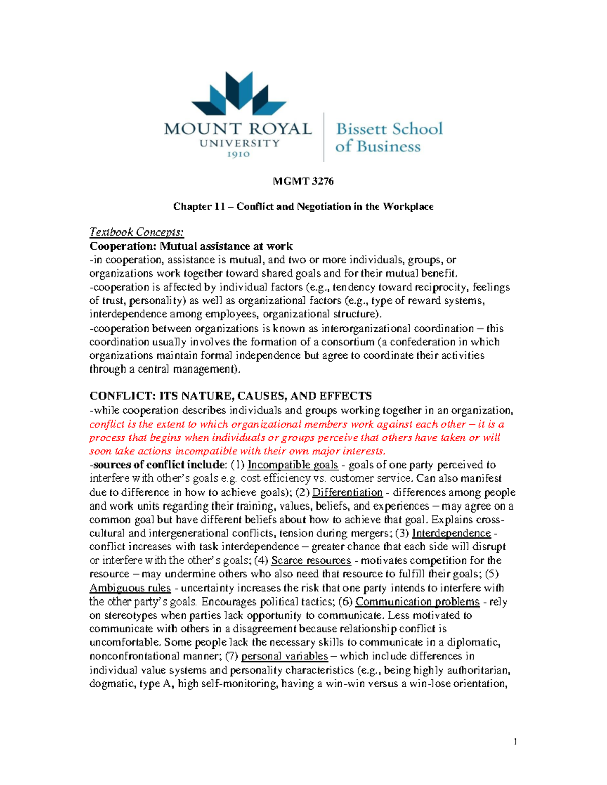 MGMT 3276 Chapter 11: Conflict and Negotiation Insights - Studocu