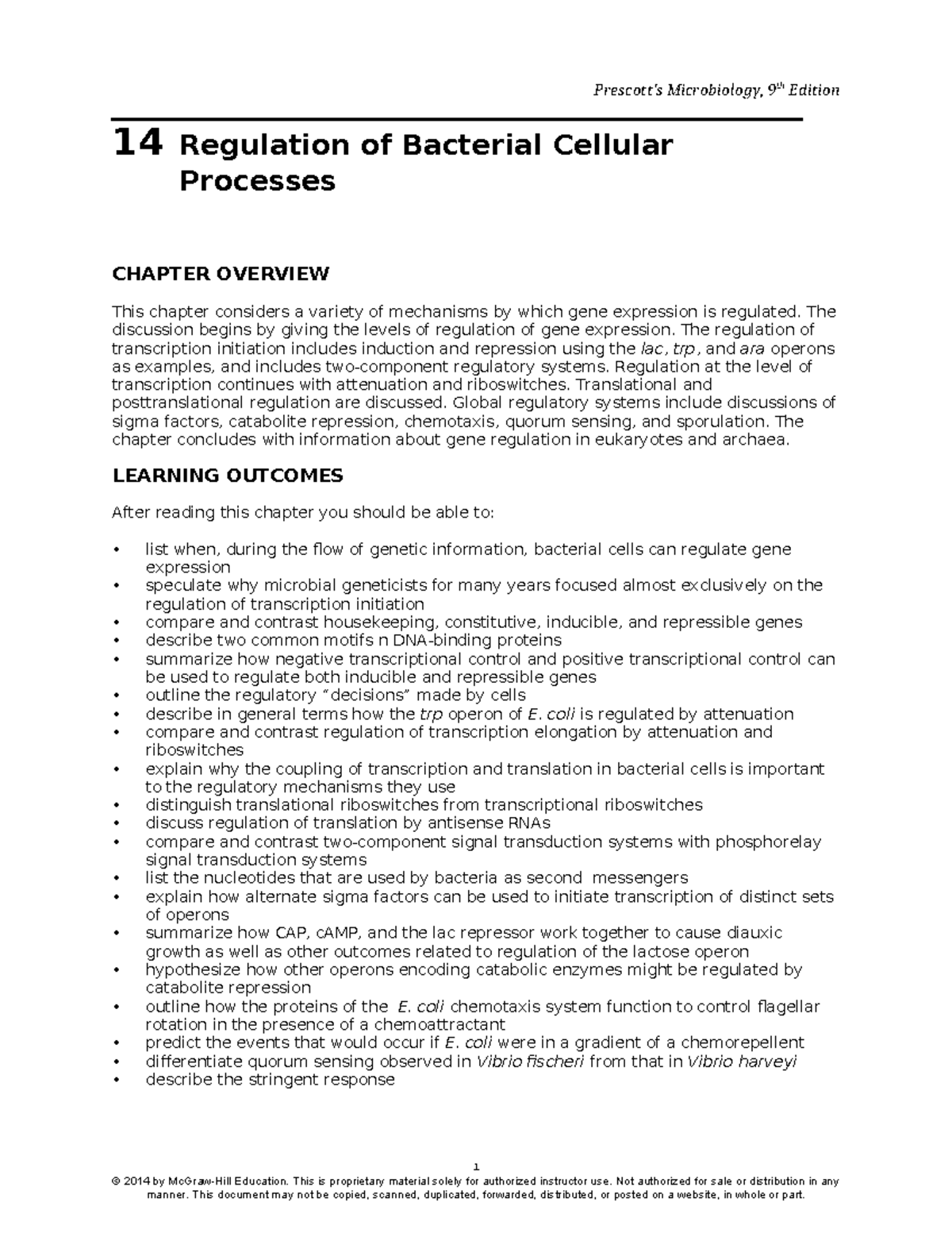 Microbiology 9th Ed: Regulation of Bacterial Gene Expression (Ch 14 ...