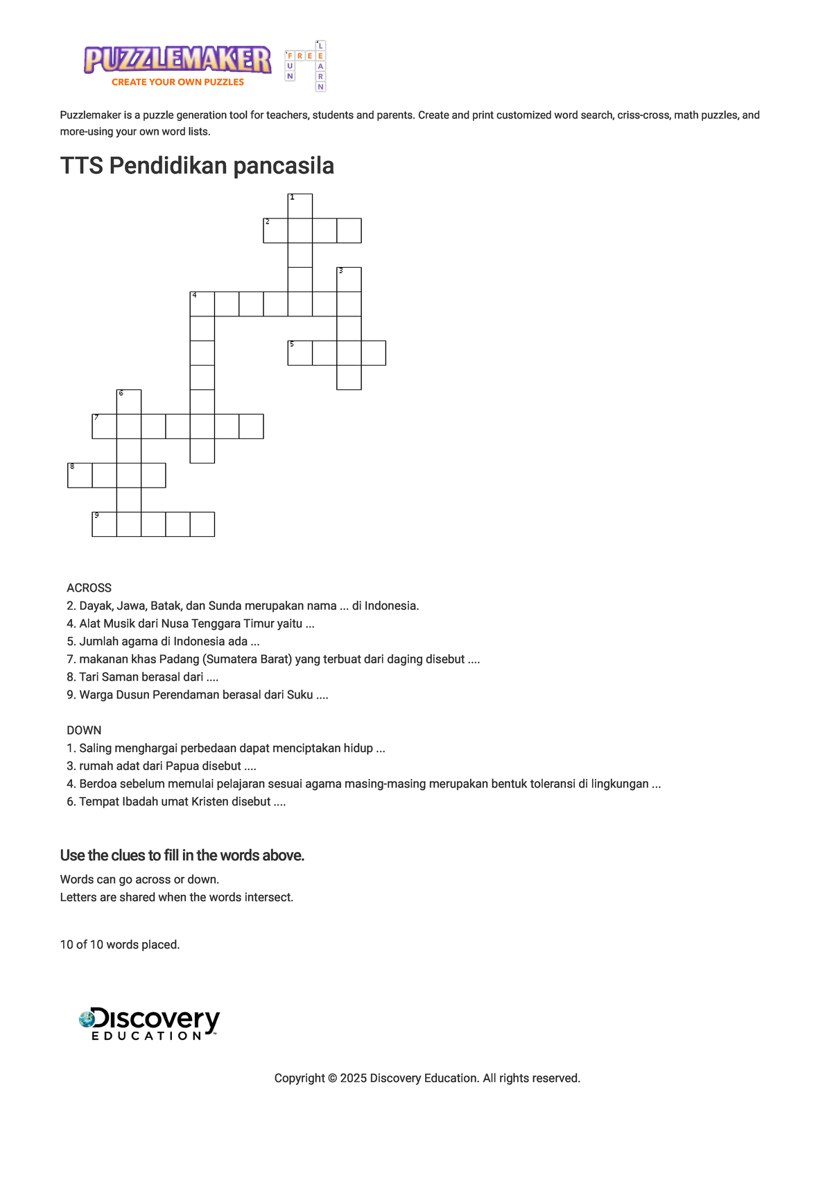 Criss Cross Puzzle TTS Pendidikan Pancasila ACROSS & DOWN - Studocu