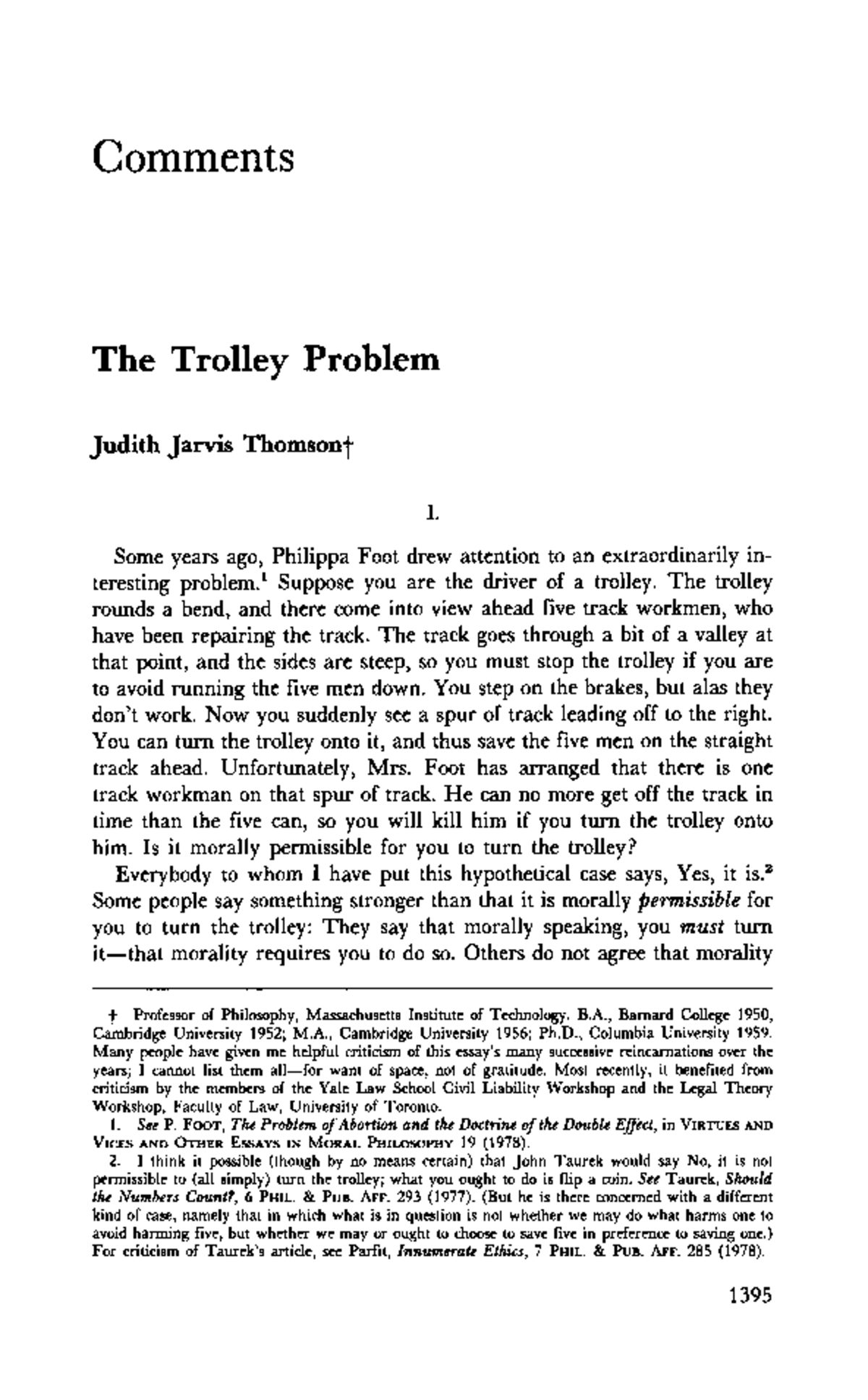 19009760 - reading - Comments The Trolley Problem Judith Jarvis ...