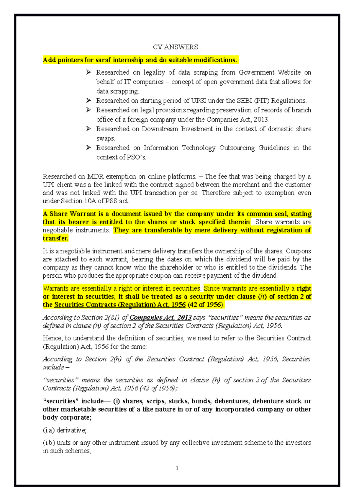Answer to cv questions - abc - CV ANSWERS. Add pointers for saraf ...