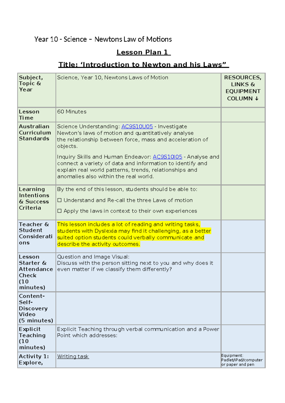 Year 10 Science: Newton's Laws of Motion Lesson Plan 1 - Studocu