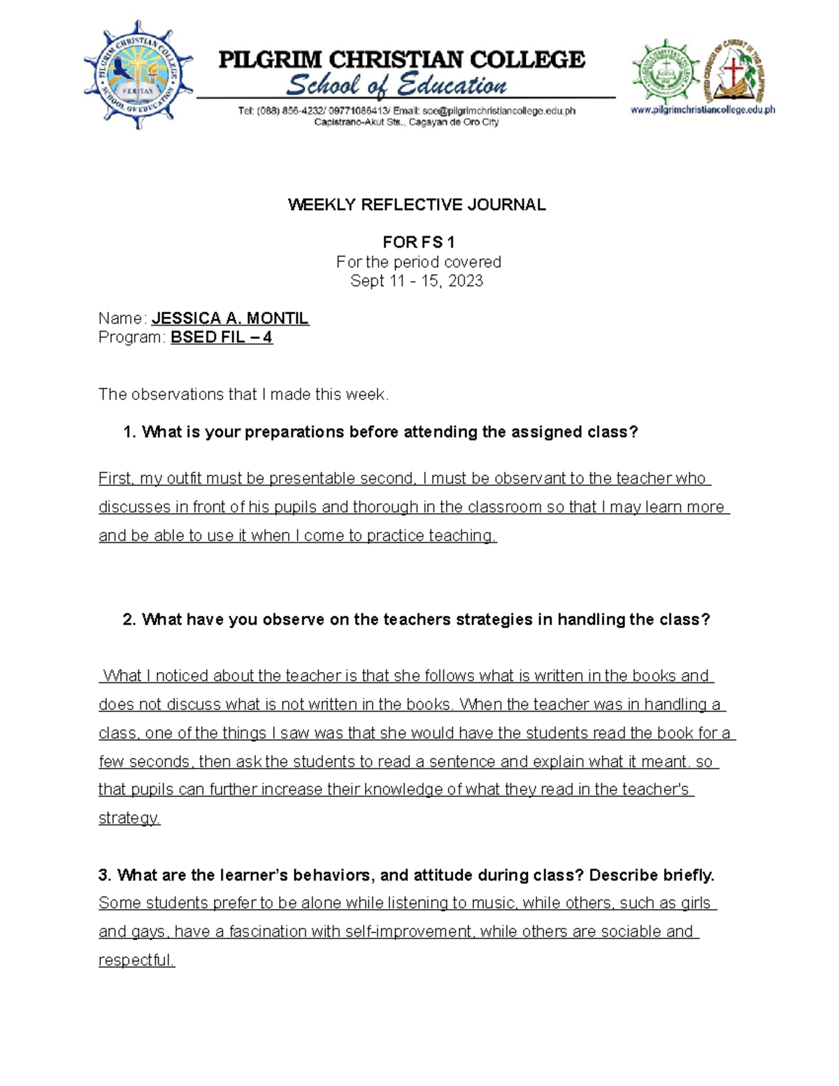 FS 1 Weekly Reflective Journals: Sept 11-15, 2023 Insights - Studocu