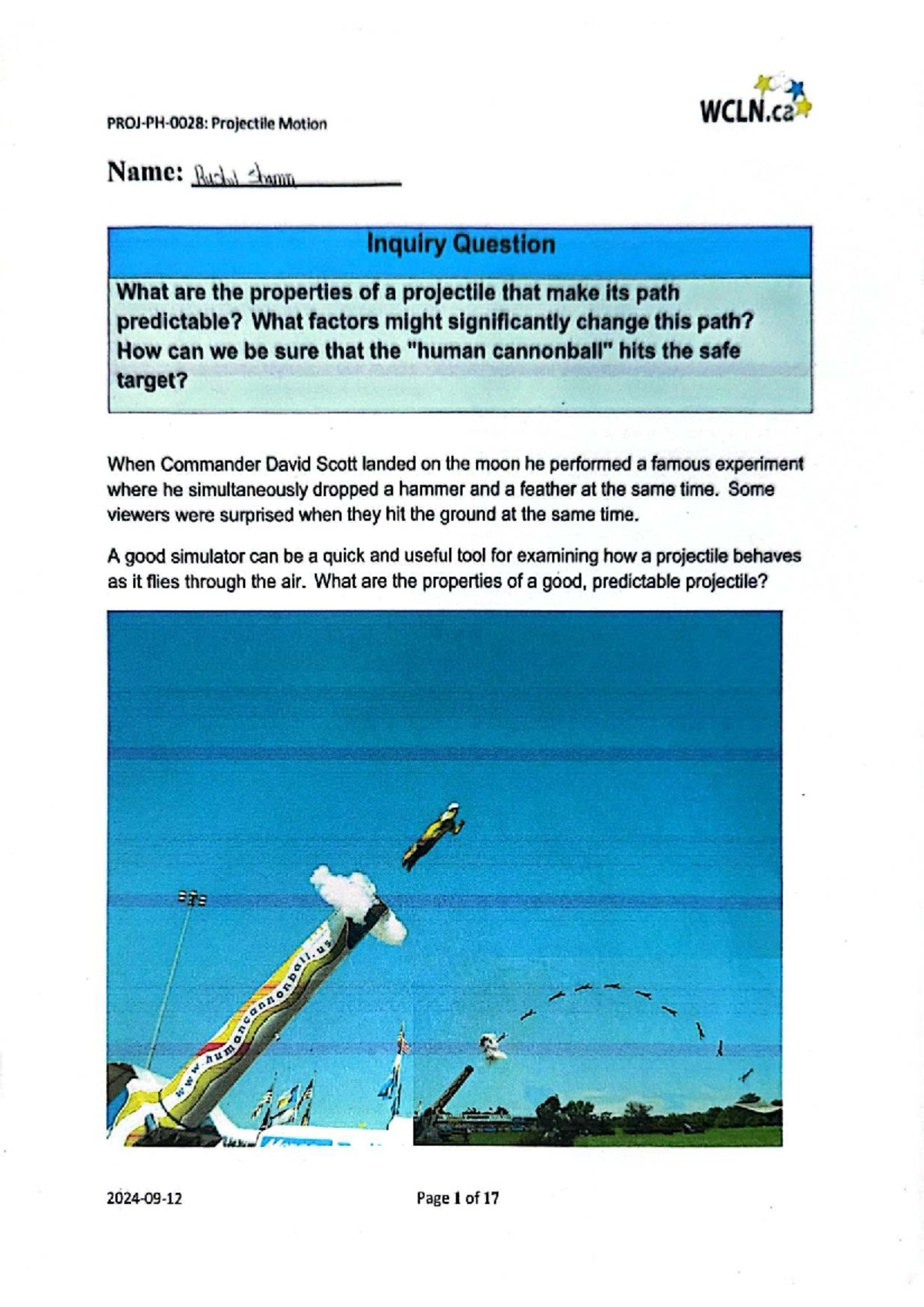 WCLN.ca Projectile Motion Inquiry: Analyzing Predictable Paths and ...