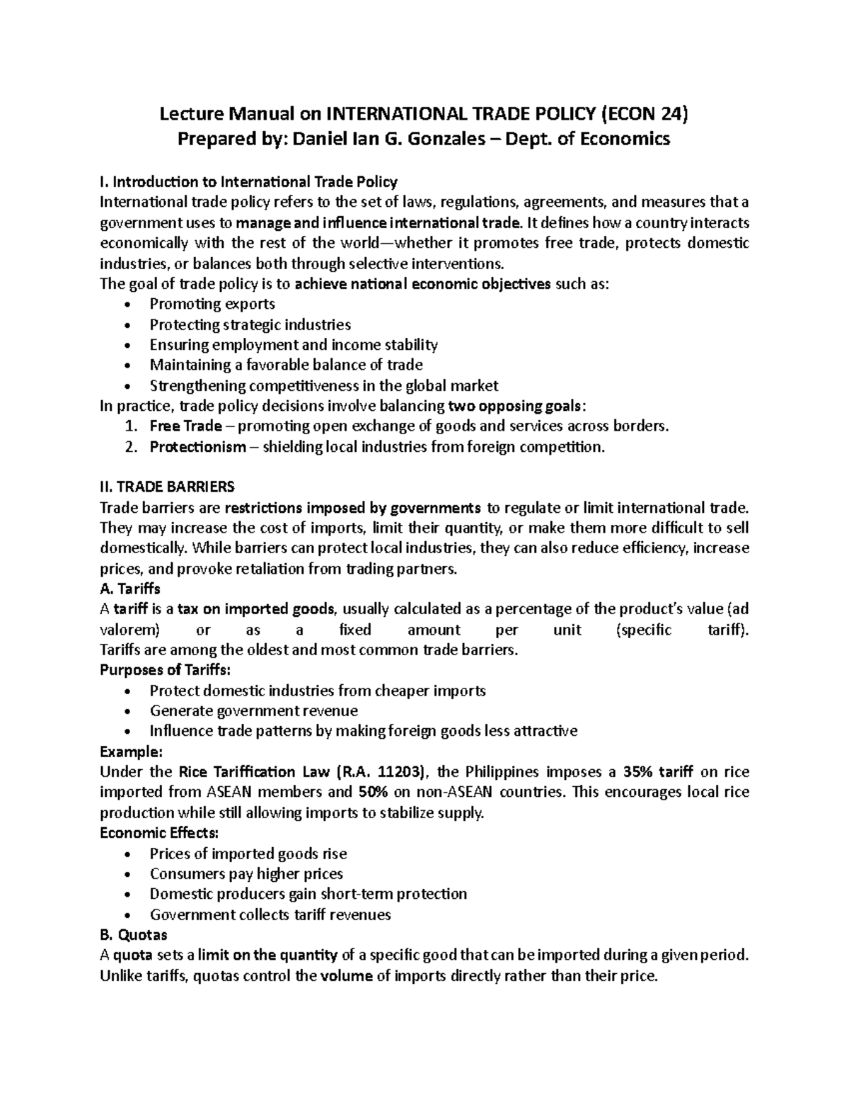 Lecture Manual on International Trade Policy (ECON 24) - Studocu