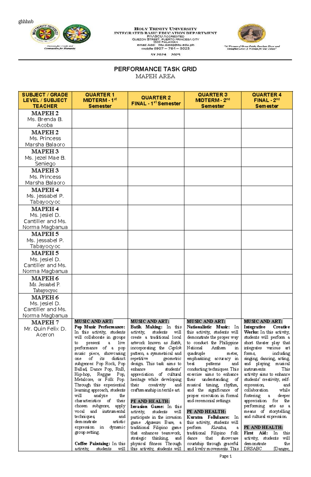 MAPEH 2-12 Performance Task Grid: Midterm & Final Activities - Studocu
