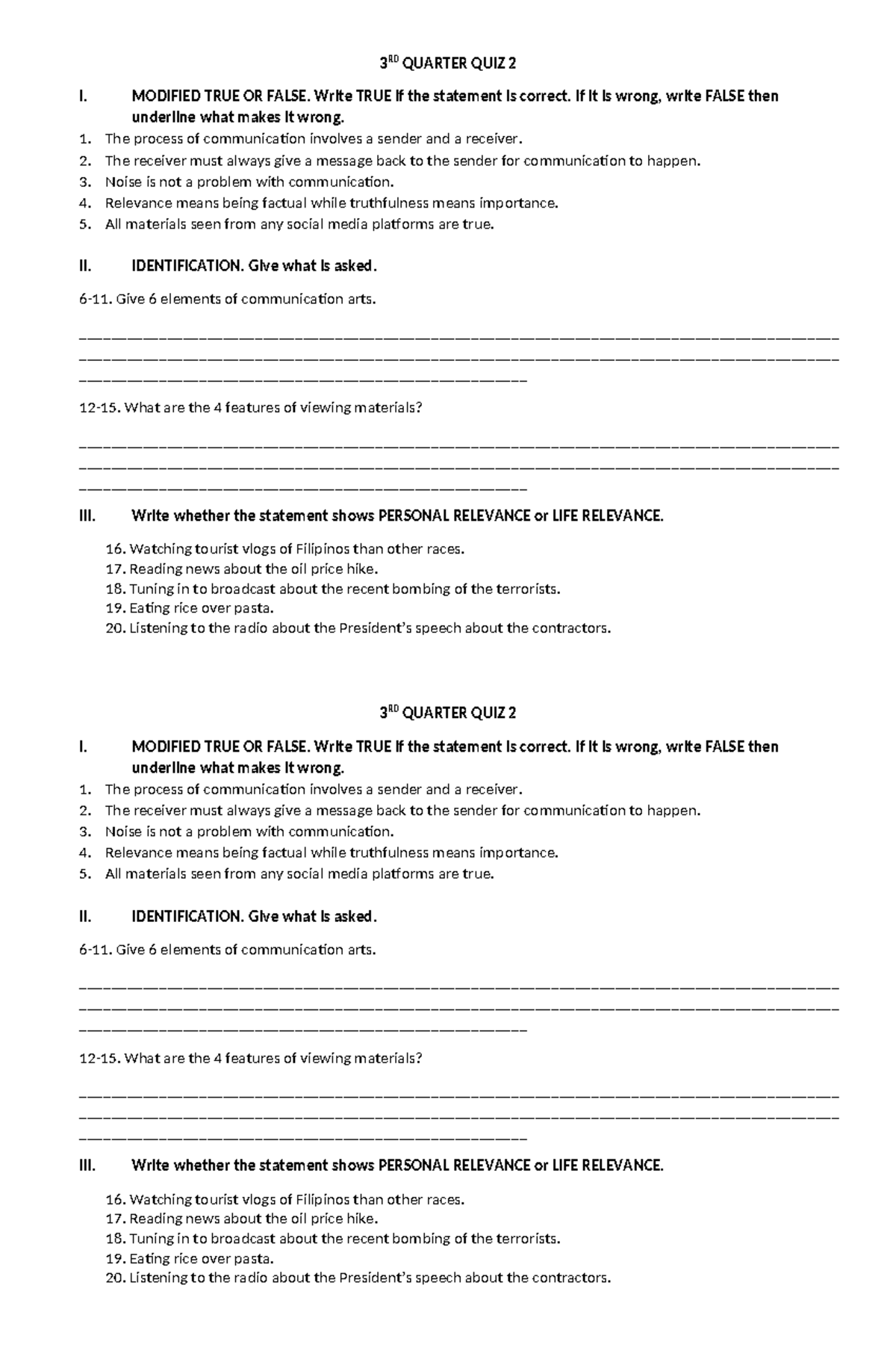 3RD Quarter QUIZ 2 - Communication Arts Assessment - Studocu