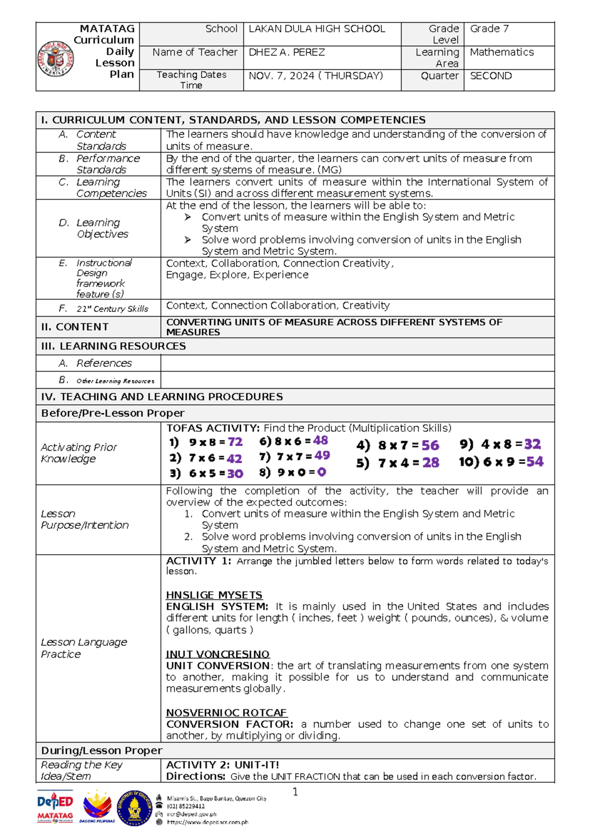 Grade 7 Math Lesson Plan: Converting Units of Measure (Nov. 7, 2024 ...